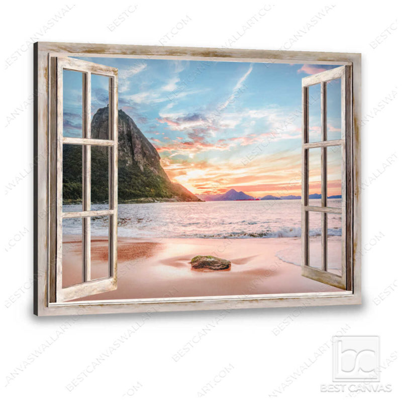 Sunset Beach Canvas Wall Art Urca Beach Through Rustic Window Wrapped ...