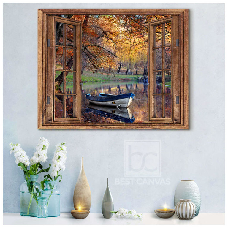 The Lakehouse View Canvas, Lake Boat Over Window View Canvas, Autumn ...
